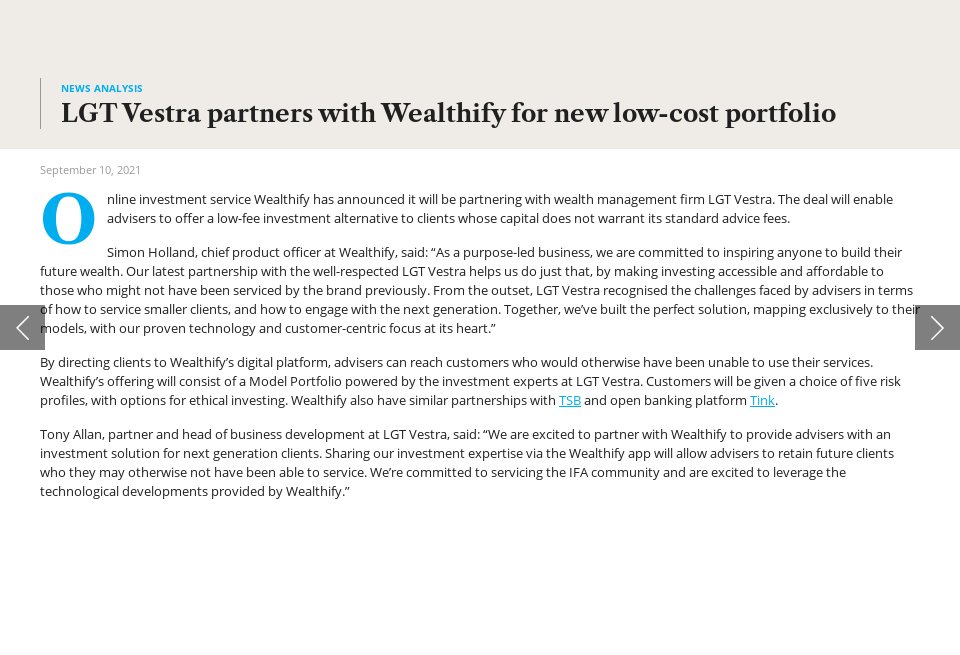 LGT Vestra partners with Wealthify for new low-cost portfolio - PBI ...